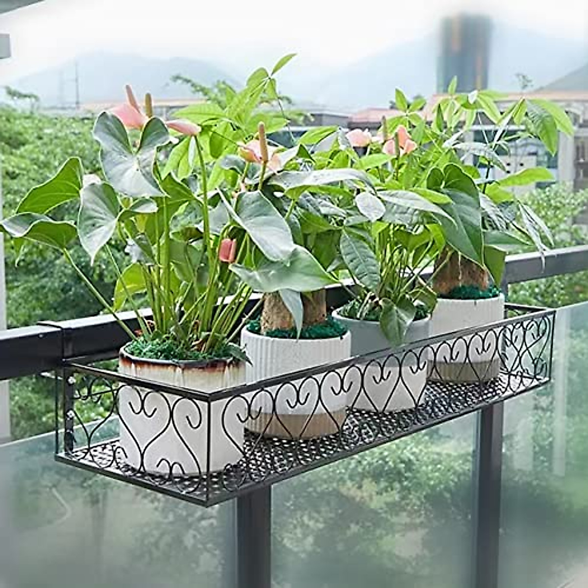 Iron Balcony Planters Railing Hanging Railing Flower Pots Holder with Hooks Black Plant Stand Outdoor Hanging Pots for Plants for Patio Porch Garden Fence Balcony Decor Large size 31.5*7.8*4.7 inch
