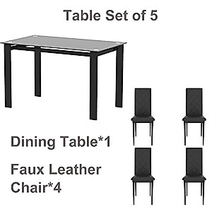Yoglad Dining Table and Chairs, Dining Table/Chairs Set, Simple Style Table with Tempered Glass Top, Clean-Cutting Faux Leather Chairs, for Kitchen & Dining Room (Chairs*4 & Table*1, Set of 5, Black)