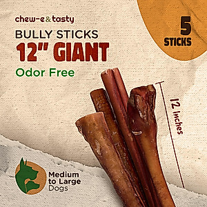 chew-e&tasty 12" Giant Odor Free Bully Sticks (Pack of 5) - Long Lasting Beef Chews for Power Chewers Made of Digestible High Protein & Low Fat Dental Treats Bully Sticks for Large to Very Large Dogs