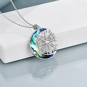 URONE Viking Compass Necklace Sterling Silver Abalone Shell Moon Compass Jewelry for Women Men Norse Vegvisir Pendant Gifts for Nordic Pagan