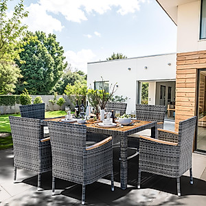 Shintenchi 7 Piece Patio Dining Set, Wicker Patio Conversation Set with Wood Table Top, Outdoor Table and Chairs with Soft Cushions for Backyard, Deck and Garden, Grey Rattan