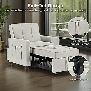 Rovibek Pull Out Sofa Chair 3 in 1 Convertible Sleeper Chair Bed Single Sofa Bed Chair Linen Sleeper Chair with Adjustable Backrest, Easy Assembly, White