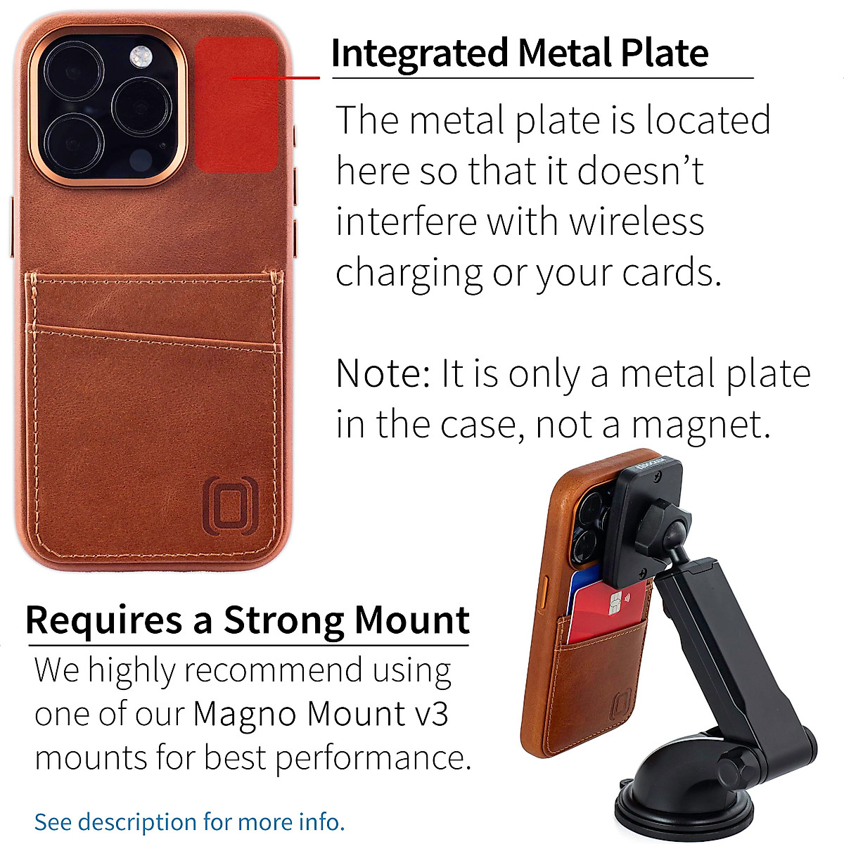 Dockem Genuine Leather Card Case for iPhone 15 Pro with Built-in Metal Plate for Magnetic Mounting, Stitched-on Wallet with 2 Credit Card Pockets (Light Brown, M2GL)