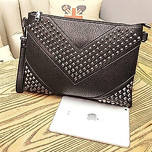 NIGEDU Oversized Clutch Bag Purse Women PU Leather Crossbody Shoulder Bags Studded Wristlet Handbag Rivet Envelope Clutches (Black)