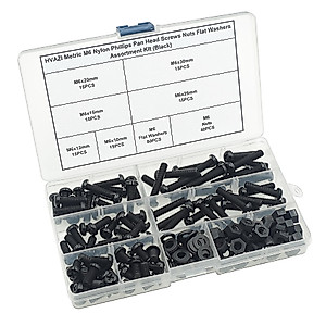 HVAZI Metric M6 Nylon Phillips Pan Head Screws Nuts Flat Washers Assortment Kit (Black)