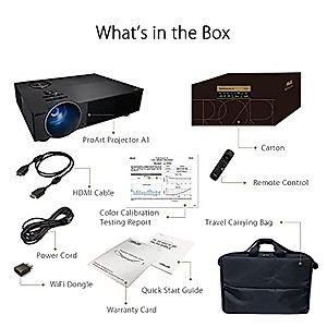 ASUS ProArt A1 LED Professional Projector - Full HD, 3000 Lumens, ∆E < 2, 98% sRGB and Rec. 709, World’s First Calman Verified Projector, 2D Keystone Correction, 1.2X Zoom Ratio, Wireless mirroring