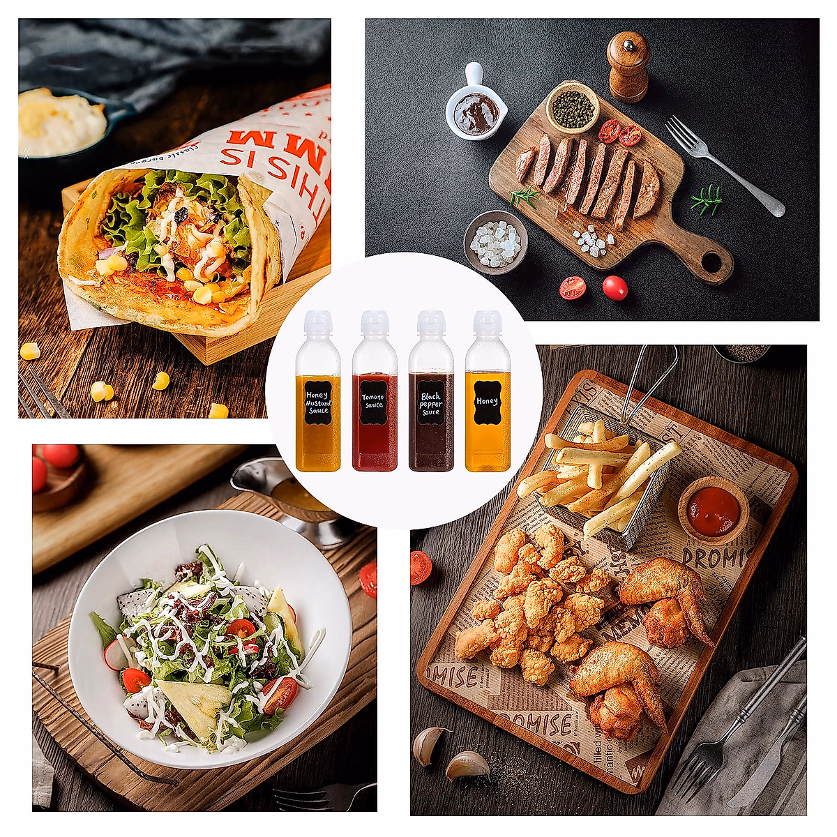 PARBEE 16oz Condiment Squeeze Bottles with Flip Top Lid, 4 Pack Refillable Condiment Containers Ketchup Squeeze Bottles, Leak Proof Dispenser for Syrup Oil BBQ Sauce with Labels & Markers