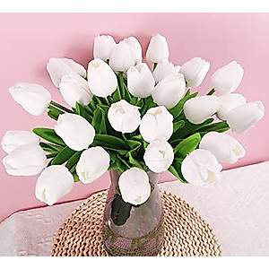 30pcs Real Touch Tulips PU Artificial Flowers, Fake Tulips Flowers for Arrangement Wedding Party Easter Spring Home Dining Room Office Decoration. (White, 14" Tall)