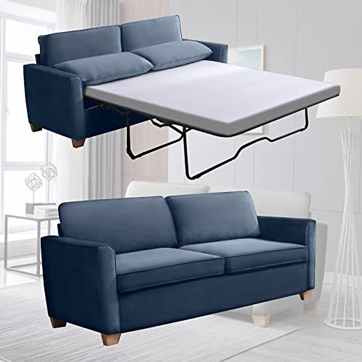 Mixoy Full Size Pull Out Sofa Bed, Velvet Sofa with Pull Out Bed, Sleeper Sofa with Foam Mattress, 2-in-1 Sleeper Couch Bed for Living Room, Apartment, Small Spaces (Blue)