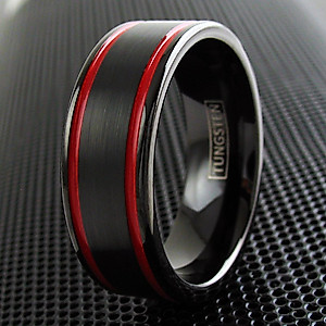 Engraved Personalized 8mm Flat Brushed Satin Finish Black Tungsten Carbide Band Ring w/Two Fire Engine Red Enamel Racing Stripes. (9.5)