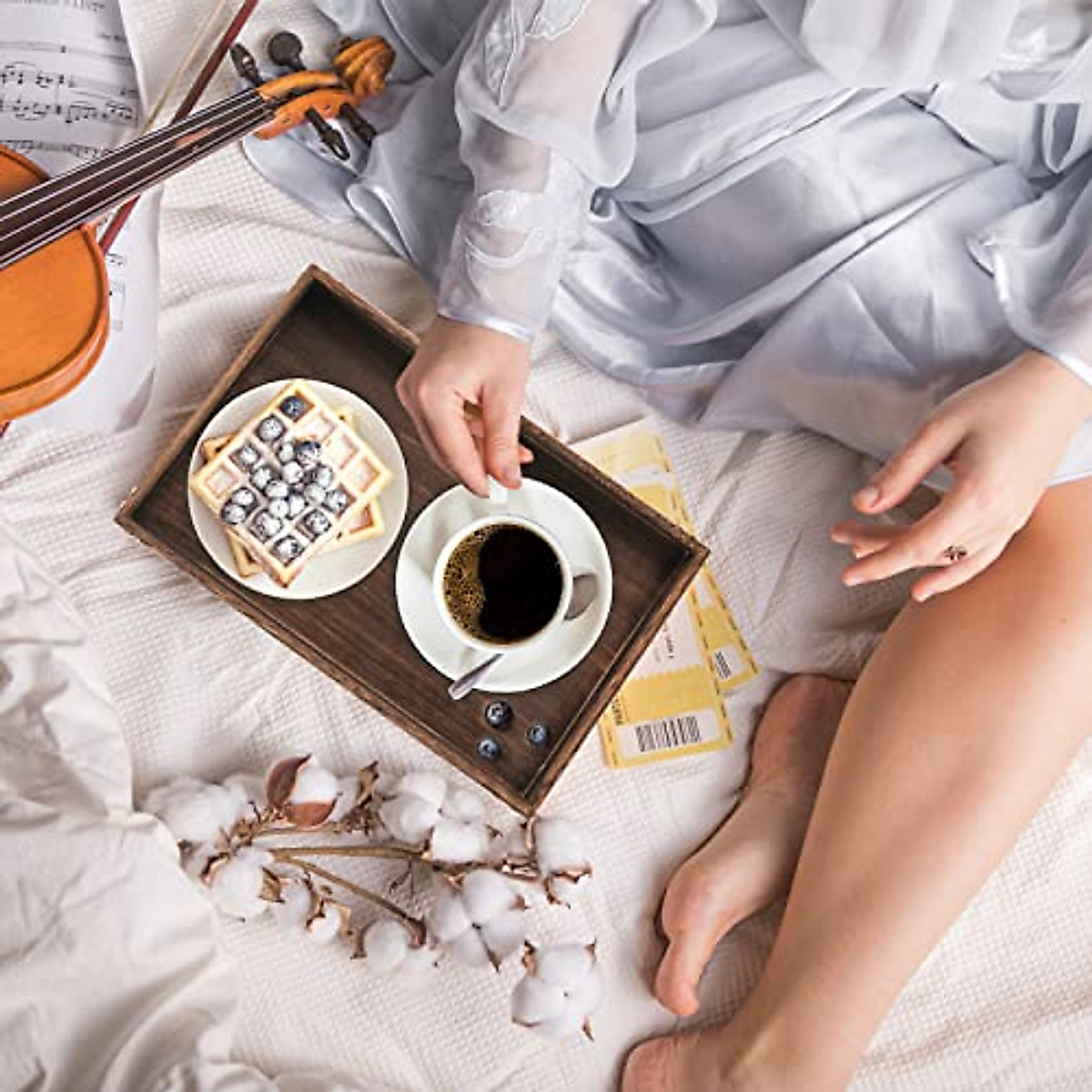 TOPZEA 3 Pack Wood Serving Tray, Rectangular Butler Serving Tray with Handle, Coffee Table Tray Decorative Ottoman Tray for Tea, Coffee, Breakfast, Table Centerpieces