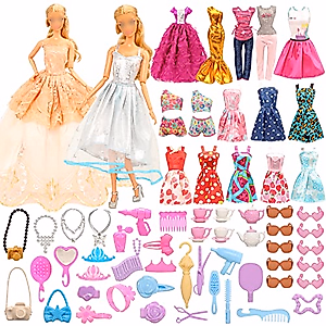 BARWA Fashion Closet Wardrobe 107 Pcs Doll Accessories 16 Pack Doll Clothes 1 Shoes Rack 84 Pcs Different Shoes Hanger Crown Necklace Glasses Doll Accessories Xmas Gift