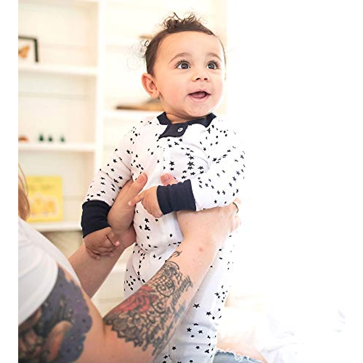 Burt's Bees Baby Baby Boys' 2 Pack Non-Slip Footed Sleeper Pajamas, Midnight Rugby Stripe/Midnight Twinkle Bee, 12 Months