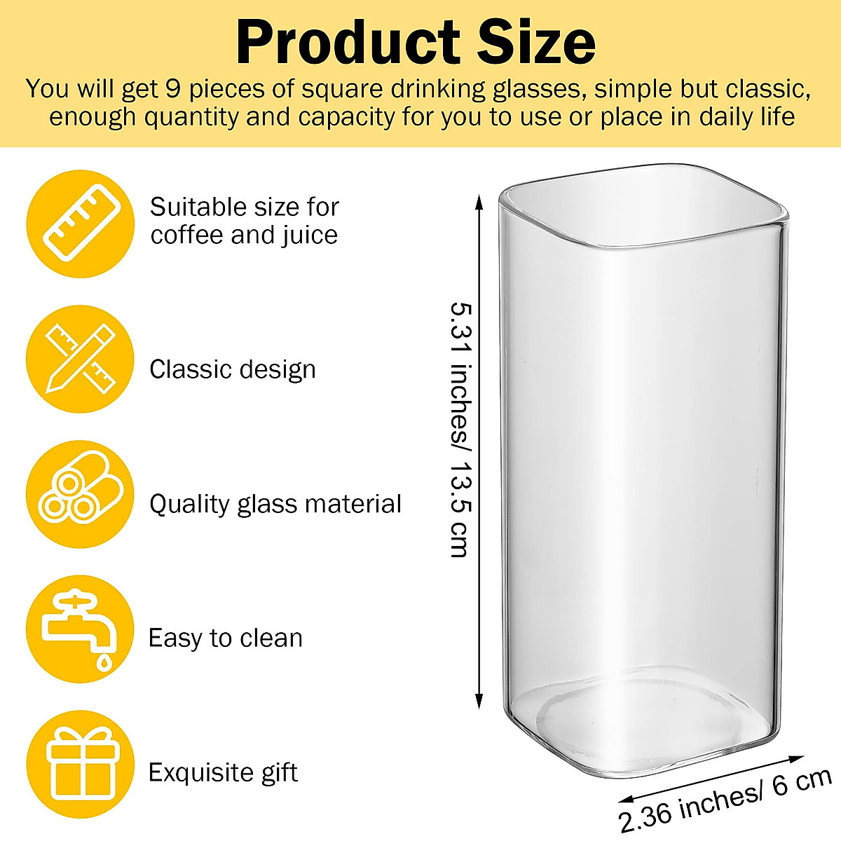 9 Pack 13 oz Clear Drinking Glasses Square Highball Thin Glass Cups Tumbler Set Elegant Bar Modern Glassware for Water Coffee Mixed Drinks Cocktail Wine Beer Juice Iced Tea Kitchen Party Home