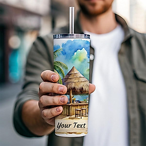 Personalized Custom Name Text Beach Resort Tropical Scene With Tiki Bar Skinny Tumbler 20oz with Straw Insulated Water Bottle Gift - 1 Line Horizontal