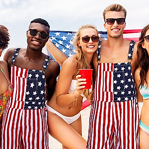 Mepase 3 Pcs American Flag Overalls Bib Set with Denim Patriotic American Flag Print Denim Bib USA America Glasses American Flag Western Hat for Men Women Summer 4th of July Halloween Cosplay