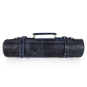Leather Knife Roll Storage Bag, Elastic and Expandable 10 Pockets, Adjustable/Detachable Shoulder Strap, Travel-Friendly Chef Knife Case (Sapphire Blue, Leather)