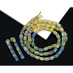 24.20 Carats Natural Ethiopian Welo Opal Cabochon Tennis Bracelet 925 Sterling Silver October Birthstone Jewelry Birthday Gift Love and Friendship Gift For Girlfriend Gift For Her (18 Inches, Sterling Silver)