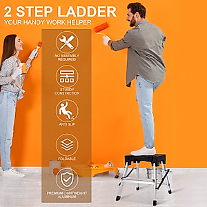 Mesjaedr Two Step Ladder, Folding Aluminum Step Stool with Wide Pedal & Built-in Tool Box, 330 lbs Capacity Sturdy&Portable 2 Step Ladder for Home Kitchen, Bedroom, Office, Library, Workplace