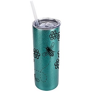 Elanze Designs Bumble Bee Hive Honeycomb Wrap-Around Design 20 Ounce Insulated Stainless Steel Coffee Travel Tumbler Mug Cup, Slide Top Lid & Reusable Straw, Turquoise Blue Glitter