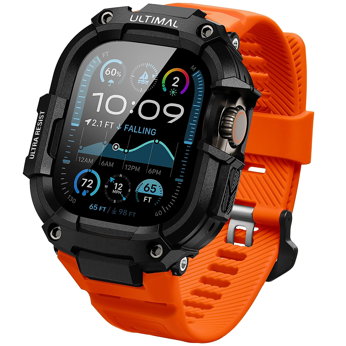 ULTIMAL Bands Case Compatible with Apple Watch Ultra 2/1 49mm for Men, Rugged Sports Band with Tough Shockproof Bumper Case, Heavy Duty Replacement Band (Black/Orange)