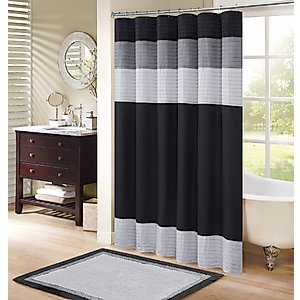 Comfort Spaces Windsor Bathroom Shower Pieced Ruffle Pattern Modern Elegant Microfiber Fabric Bath Curtains, 72x72, Black
