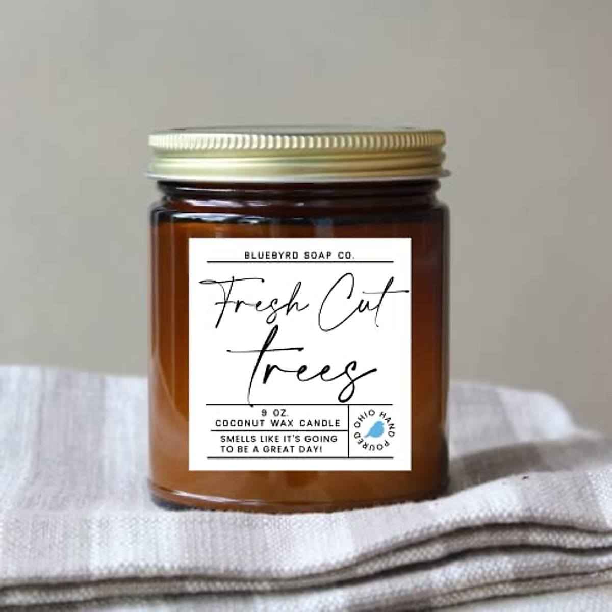 Bluebyrd Soap Co. Fraiser Fir & Pine Scented Candle Jar 9oz. | Amber Glass Holiday Candle Made with Natural Coconut Wax & Non-Toxic Fragrance (Fresh Cut Trees, 9oz)