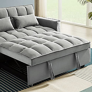 Eafurn 3 in 1 Sleeper Bed,Convertible Pull Out Loveseat with Reclining Backrest,Comfy 2 Seater Love Seat Lounge Sofa & Couches for Living Room Sofabed, Grey Button Tufted w/ 2 Lumbar Pillows