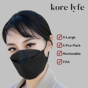 [10 PCS] 25% LARGER KF94 Face Mask - X-LARGE BLACK - [Made in Korea] - In 5 PCS Reclosable Package - Breathable Premium Quality - [Package in English]