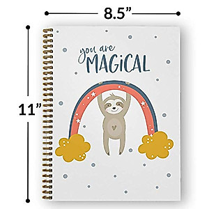 Softcover Magical 8.5" x 11" Motivational Sloth Spiral Notebook/Journal, 120 Wide Ruled Pages, Durable Gloss Laminated Cover, Gold Wire-o Spiral. Made in the USA