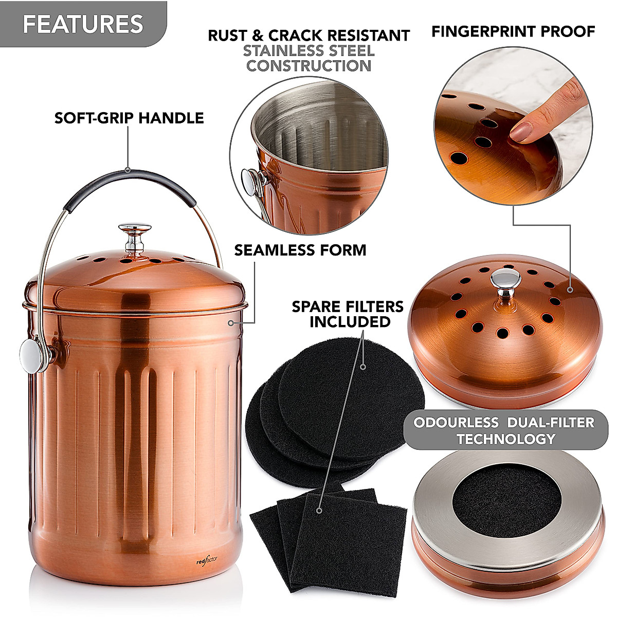 RED FACTOR Premium Compost Bin for Kitchen Countertop - Stainless Steel Food Waste Bucket with Innovative Dual Filter Technology - Includes Spare Filters (Matt Copper, 1.3 Gallon)