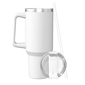 HQFFPOO 40 oz Tumbler with Handle and Straw Stainless Steel Coffee Travel Mug with Lid Insulated Water Bottle Reusable Leak Proof for Sports, Women, Men, Work - White