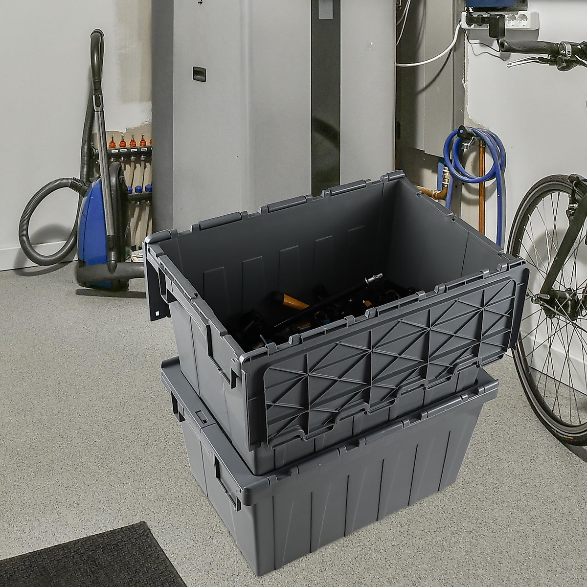 Oymlclivisa 15 Gallon Commercial Flip Top Tote Storage Container, Industrial Plastic Storage Totes, Gray, 4 Packs