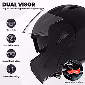 ILM Motorcycle Helmets Modular Dual Visor Flip-up Full Face Street Bike Racing Helmet DOT 5 Colors Model 808 (L, Matte Black)