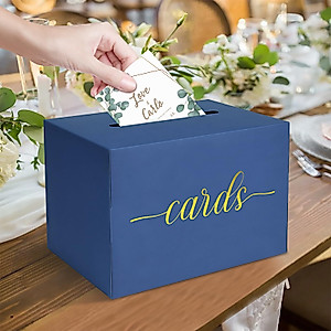 1 Pack Navy Blue and Gold Foil Card Box for Party, Wedding Card Box Gift Cards Receiving Box Money Box for Birthday, Bridal or Baby Showers, Retirement, Anniversary, Graduation, Raffle Ticket Box