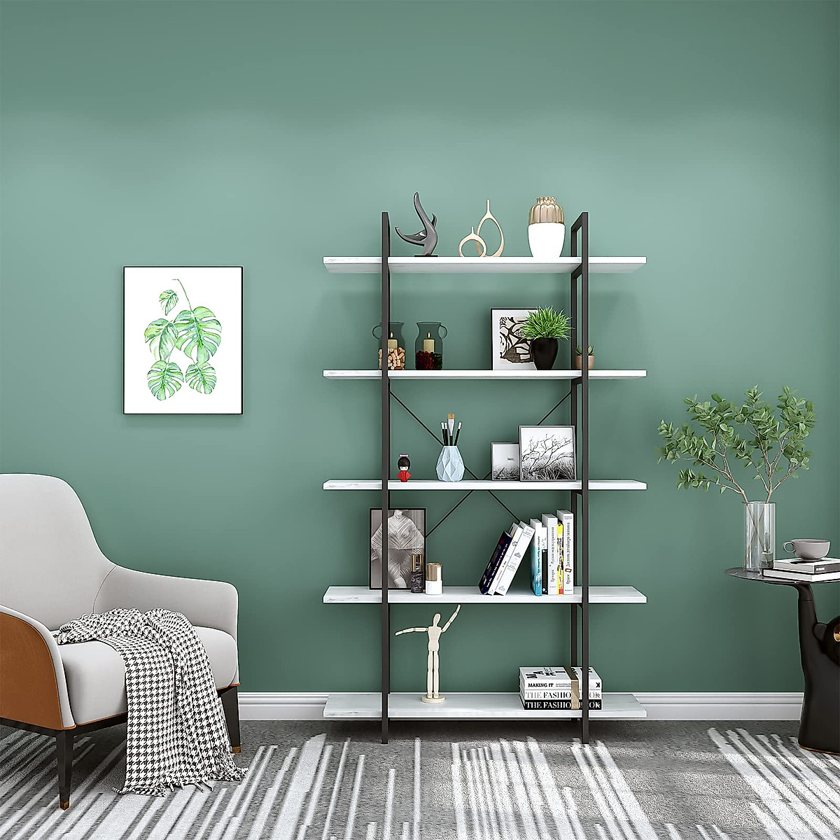 IOTXY 5-Tier Open Shelf Bookcase - Modern Freestanding Wooden Display Stand Unit with Metal Frame for Home and Office, Bookshelf, Black White