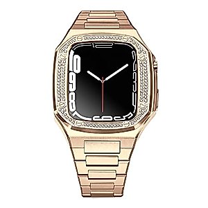 AEHON Luxury case+strap For Apple Watch Band 41mm 44mm 45mm Mod Modification Kit steel Metal Bezel frame iWatch series 8 7 6 se 5 4 3 (Color : Rose gold, Size : 45MM)