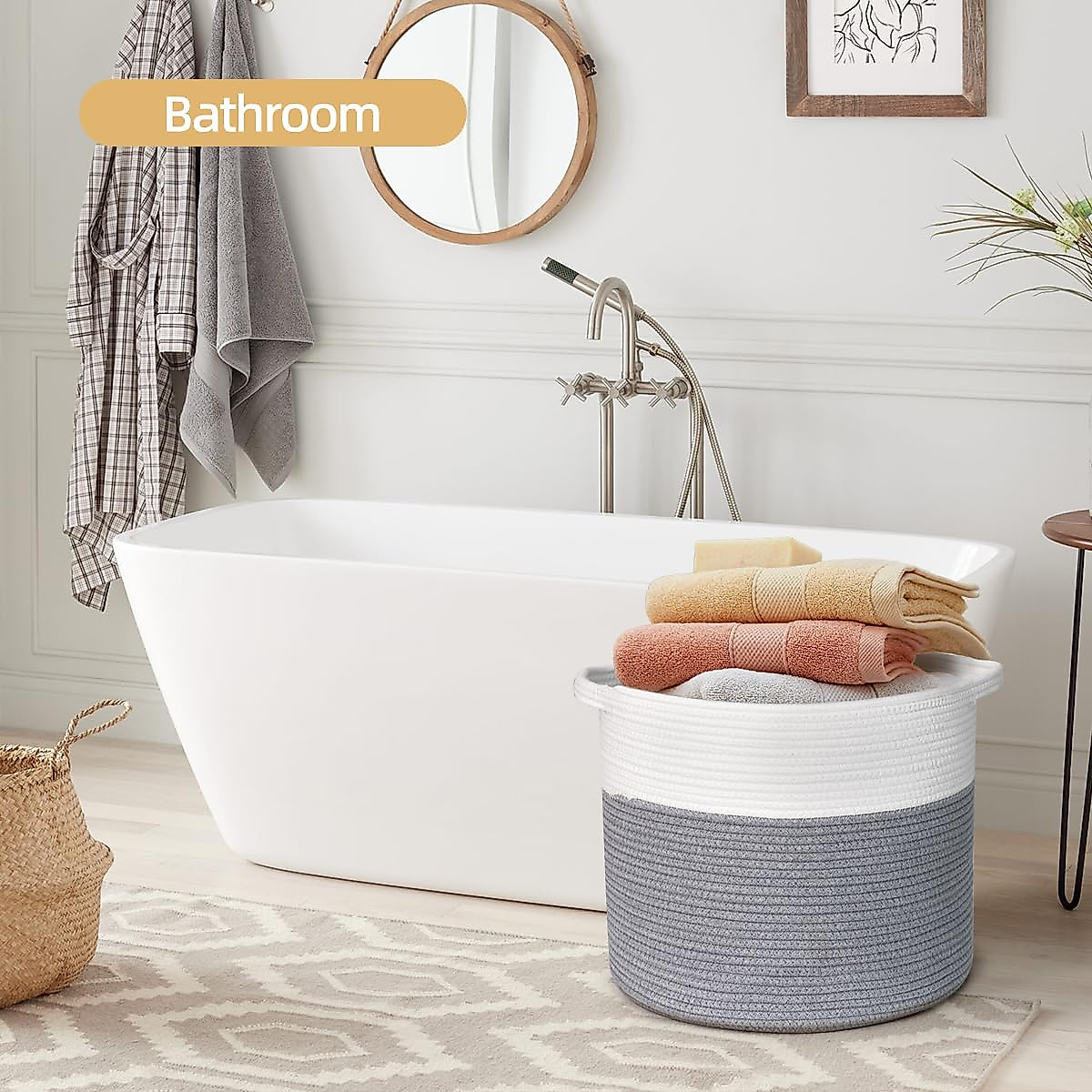 ArcaGuru Cotton Rope Basket, Round Woven Baskets for Storage, Blanket Basket Living Room, Storage Basket with Handles for Book, Clothes for Organizing, 15.8”x15.8”x13.8”, White & Dark Grey