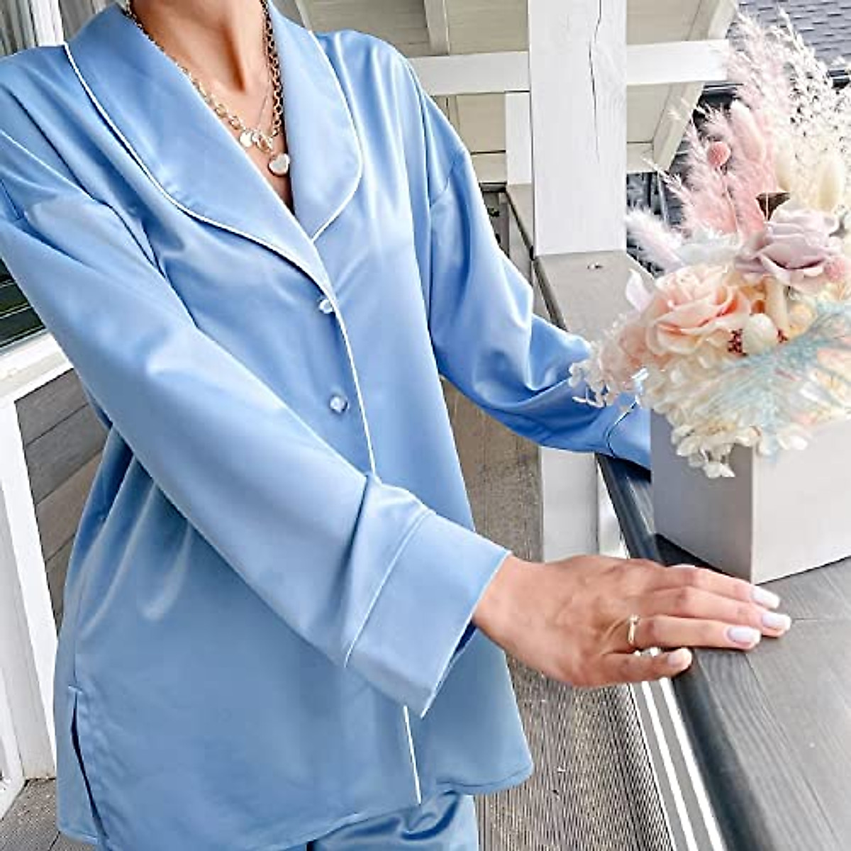 Womens Pajama Sets Silk Satin 3 Piece Sleepwear Cami Shorts and Long Sleeve Top Set Soft Comfy Loungewear, 3-blue-imitation Silk-3pcs