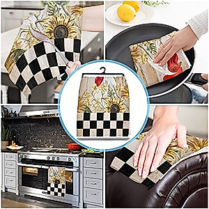 Kitchen Towels Dish Towel Set of 2,Farm Rooster Sunflower Painting Absorbent Hand Towels Cleaning Dishcloth Tea Towels,Vintage Wooden Board Black Lattice Reusable Drying Dish Cloths
