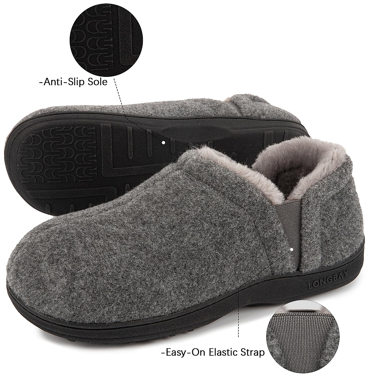 LongBay Men's Slippers Felt Warm Bedroom House Shoes Slip-On Memory Foam Slippers for Indoor Outdoor (Light Gray, 11-12)