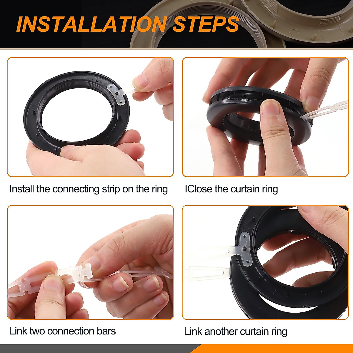 Rustark 20 Sets 1-5/8" (42mm) Inner Diameter Curtain Grommet with Connectors Black Round Plastic Curtain Rings Curtain Spacers Low Noise Curtain Rings DIY Roman Curtain Rings for Window Curtains