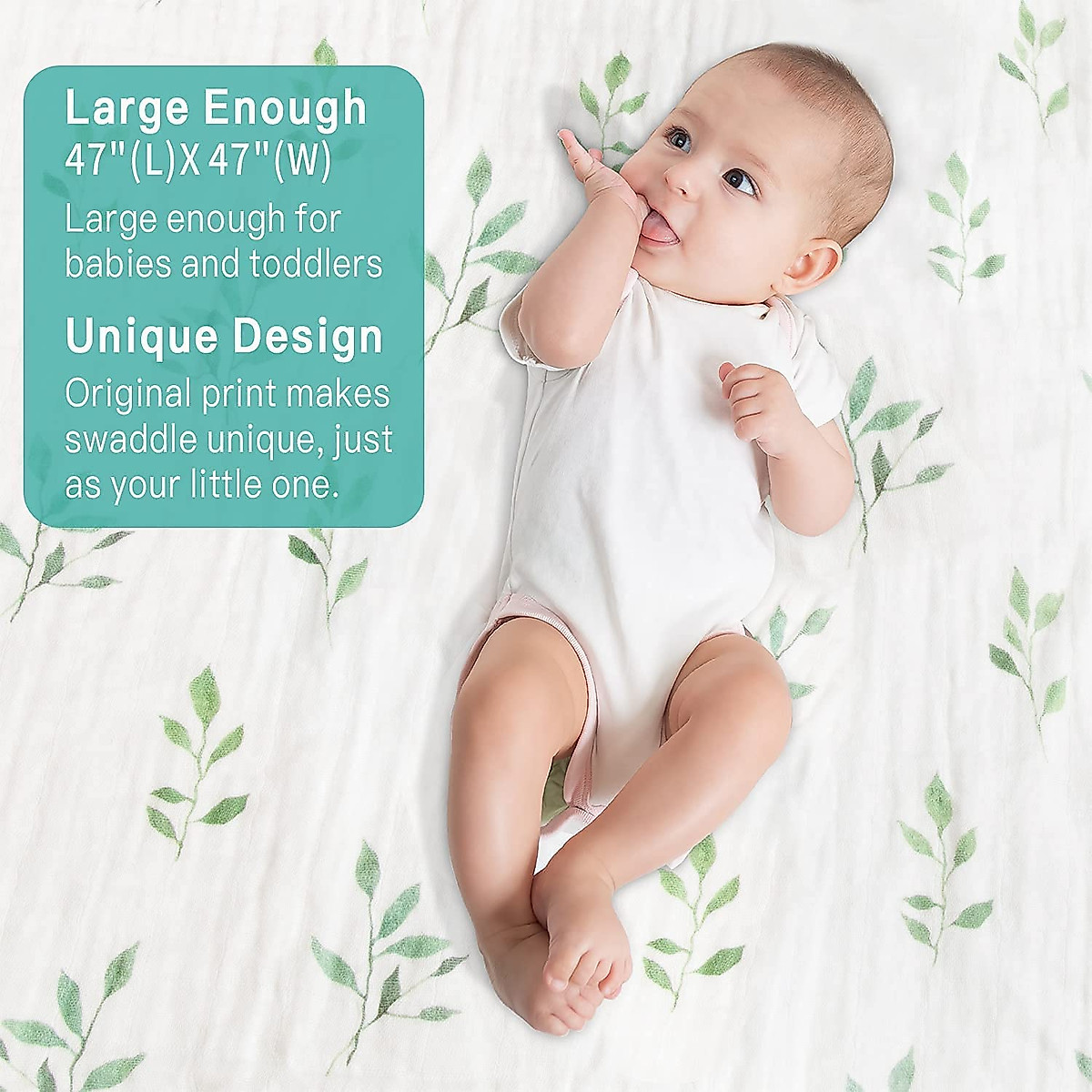 PINNKKU 4-Pcs Organic Cotton Swaddle Set, Baby Muslin Swaddle Blanket, Includes Name Announcement Card, Newborn Swaddle and Hat Set with Matching Bow, Hospital Receiving Blanket, Large 47" x 47”