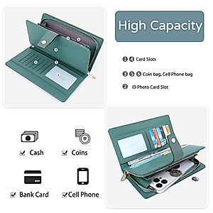 PORRASSO Wallet Women's Wristlet Bag Purse Bag Leather Card Holder Cell Phone Bag with Wrist Strap Card Slots Ladies Wallet Green