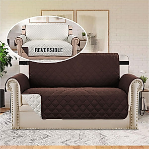 H.VERSAILTEX Reversible Loveseat Couch Cover for 2 Cushion Couch Water Resistant Loveseat Cover for Living Room Quilted Furniture Couch Cover Washable Couch Protector(Loveseat, Brown/Beige)