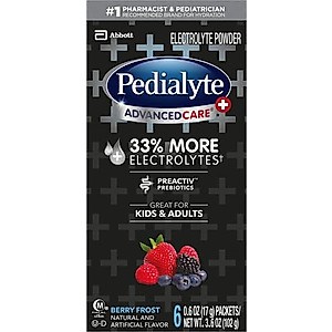 Pedialyte AdvancedCare Plus Electrolyte Powder, with 33% More Electrolytes and PreActiv Prebiotics, Berry Frost, Electrolyte Drink Powder Packets, 0.6 oz, 6 Count
