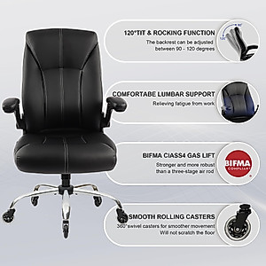 Big and Tall Office Chair for Heavy People 400lb, Executive Desk Computer Chair Adjustable Flip-up Armrests, PU Leather Swivel Task Chair with Ergonomic High Back and Lumbar Support