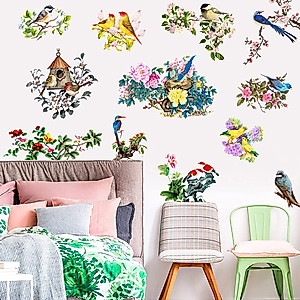 Birds on Tree Branches Wall Decals,Cardinal Birds Flowers Wall Stickers Spring Summer Robinbird Decor for Home Kitchen Office Kids DIY Supply