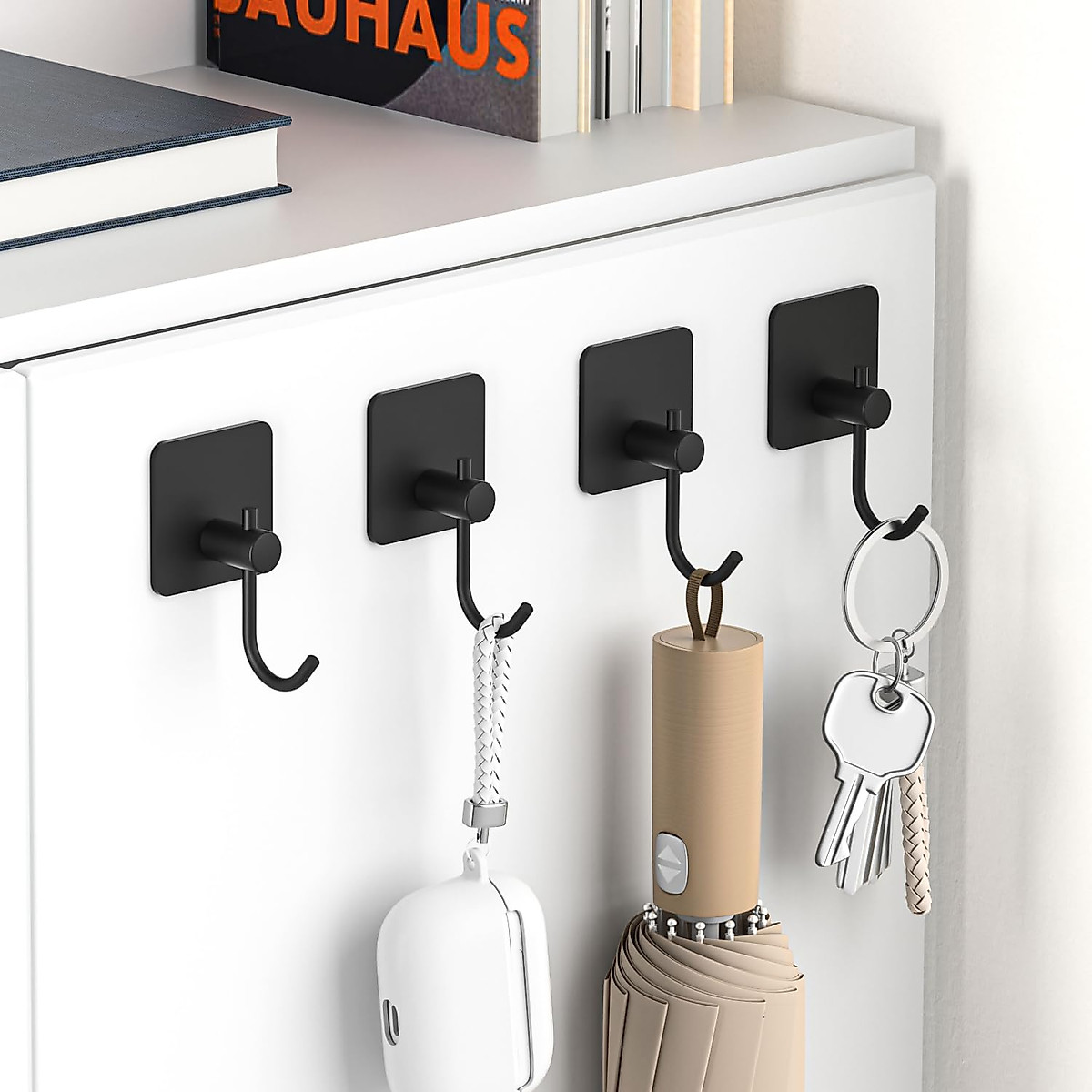 GWAAZXGZ Adhesive Towel Hooks for Bathroom- Black Sticky Hooks for Hanging Towel, Coat, Self Adhesive Hooks for Bathroom, Kitchen, Living Room, 4 Pack