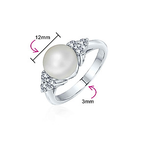 Bling Jewelry Personalize Bridal Party CZ Side Stones White Solitaire Freshwater Cultured Pearl Engagement Cocktail Ring For Women .925 Sterling Silver Customizable